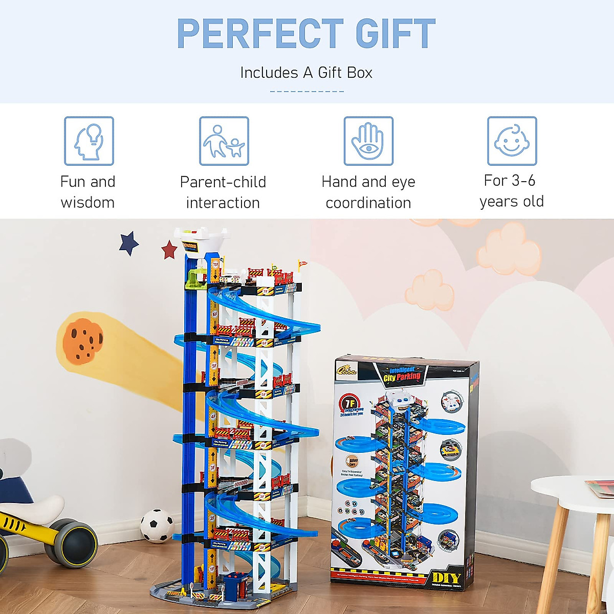 Qaba 7-Level Car Parking Garage Toy Dual Race Tracks Car Ramp Set Toddler Car Games 102 PCS w/Electric Elevator Wash, Gas, Ejector & Car Repair Station Metal Cars for 3-6 Years Old
