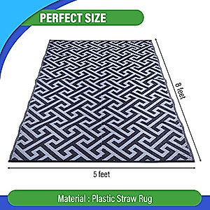Latest Sense Outdoor Plastic Straw Rug 5x8ft – Outdoor Patio Rug Camping Mat – Durable Waterproof Black and Gray Outdoor Rug – Outside Rug Ideal for Patio, Deck, Beach, Garden, RV