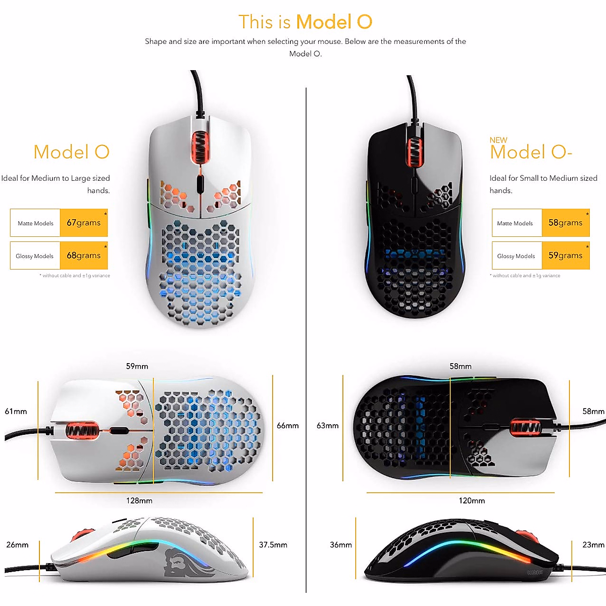 Glorious Model O- (Minus) Compact Wired Gaming Mouse - 58g Superlight Honeycomb Design, RGB, Pixart 3360 Sensor, Ambidextrous, Omron Switches - Glossy Black