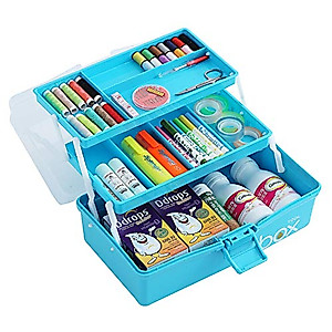 Sunxenze 12'' Three-Layer Clear Plastic Storage Box/Tool Box/Sewing Box Organizer, Multipurpose Organizer and Portable Handled Storage Case for Art Craft and Cosmetic (Light Blue)