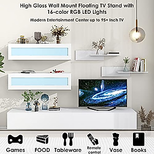 Merax Wall Mount Floating TV Stand with Four Media Storage Cabinets and Two Shelves, Modern High Gloss Entertainment Center for 95+ Inch Television, 16-Color RGB LED Lights for Living Room, White