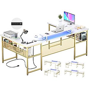 Unikito U Shaped Desk with LED Strip and Power Outlet, Reversible Large Corner Computer Desk with Monitor Stand and Storage Shelf, 83 Inch U Shape Office Desks, 2 Person L Shaped Gaming Table, White