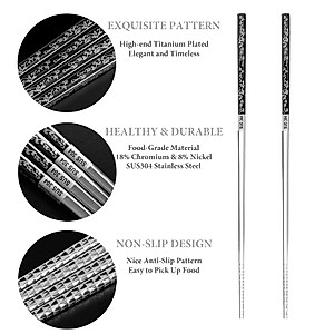 Metal Chopsticks Reusable Chop Sticks 2 Pairs with Holder Non-slip Titanium Plated Stainless Steel Chopsticks Japanese Korean Chopstick Dishwasher Safe Exquisite Pattern MOUGUTOU Gift Set (Black)