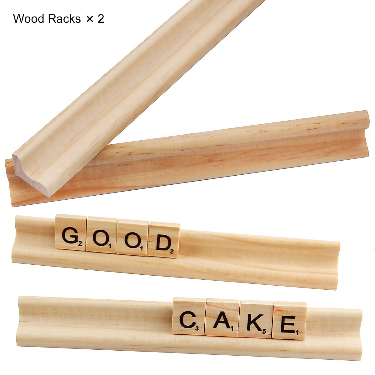 PINOWU 100pcs Wood Letter Tiles for Scrabble, Replacement for Scrabble Letters with Wood Racks and Cloth Gift Bag Craft Playing Alphabet Coasters and Wall Decoration