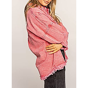 EVALESS Women's Denim Jacket Boyfriend Jean Jackets for Women Fashion 2023 Distressed Shacket Jacket Ripped Frayed Jean Shirts Business Casual Red Top Outfits with Pockets Light Stretchy Shirt,Large