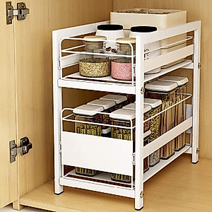 LEAYAN Under Sink Storage 2 Tier Pull Out Cabinets Organizer Shelf,Under Sink Organizer,Sliding Storage Drawer Under Sink for Countertop,Under Sink,Desktop, White 40x26x40cm Under Sink Rack Shelf