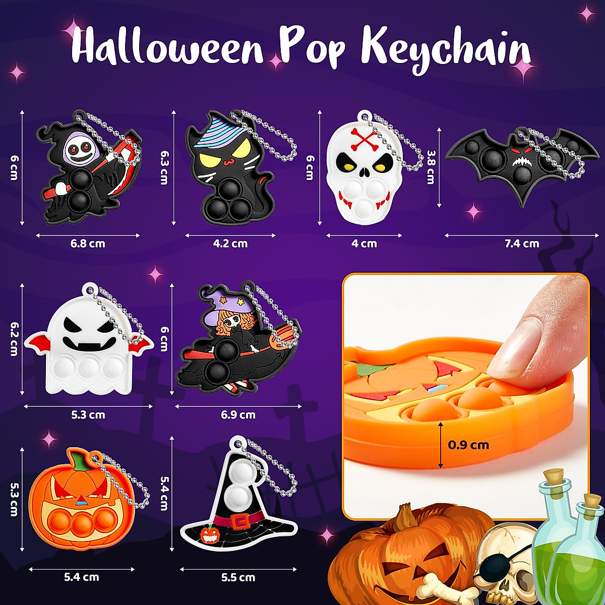 FIDWOD 32Pcs Halloween Party Favors Packs: Pop Fidget Toys Keychain with Halloween Style Cards for Kids - Stocking Stuffers Goodie Bag Fillers - Stress Relief Sensory Toys Set