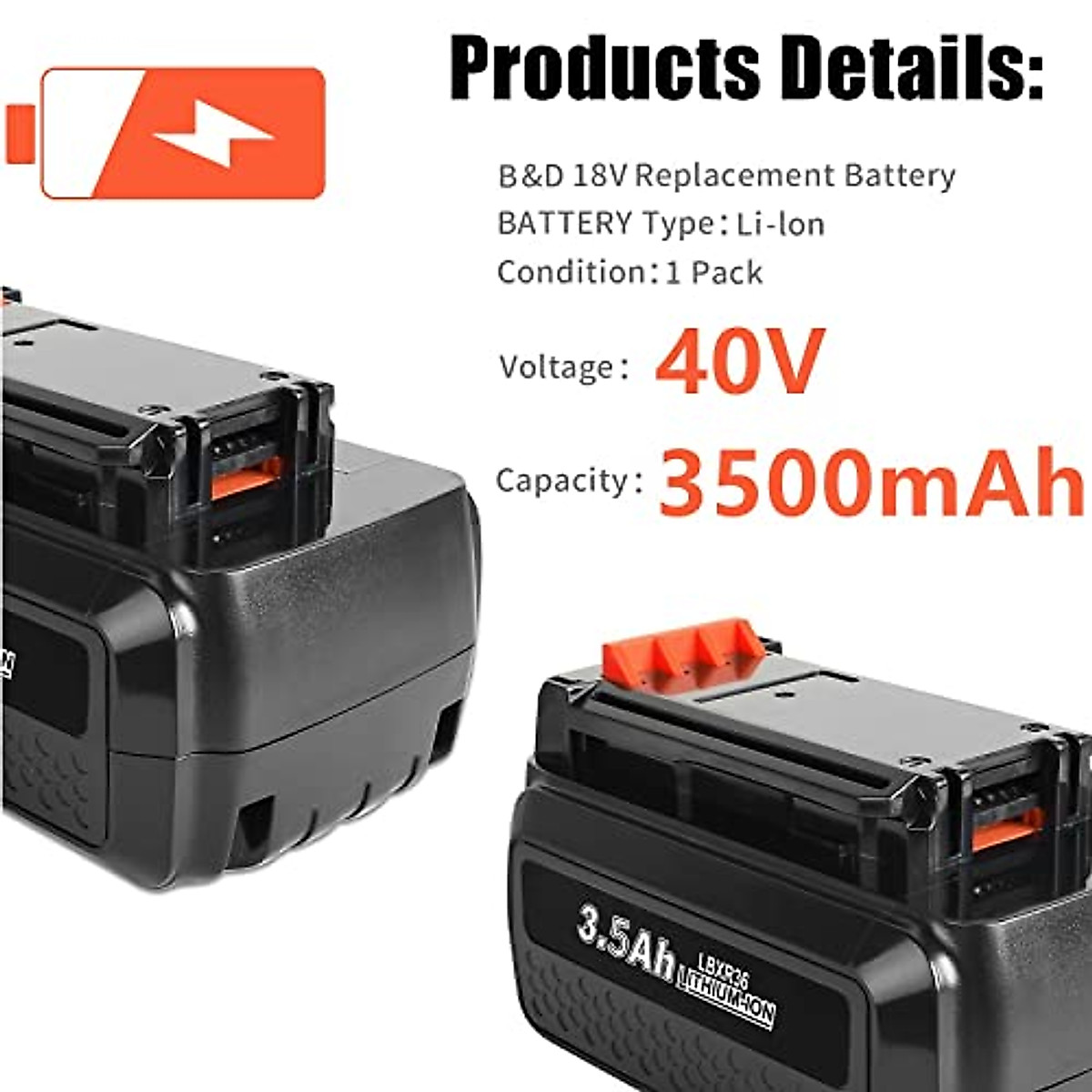 Upgrade 3500mAh 40V LBXR36 Battery Replacement for Black & Decker 40V Max Lithium Battery LBXR36 LBX2040 LBXR2036 LBX1540 LBX2540 Tools LST136 LHT2436B LSW36 LCC340C LCS1240B Tool Power Battery