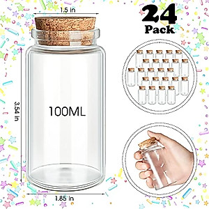 24 Pack Small Glass Cork Bottles, 100 ml/ 3.4 oz, Small Glass Jars Spell Jars Clear Potion Bottles Mini Glass Bottles with Cork Bottle Bright DIY Sand Water Message Decorative Jar Party Favors