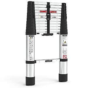 LUISLADDERS Telescoping Ladder, 12.5ft Aluminum Lightweight Extension Folding Telescopic Ladder Button Retraction Slow Down Design EN131 330lbs Max Capacity, Multi Purpose RV Ladder for Outdoor Work