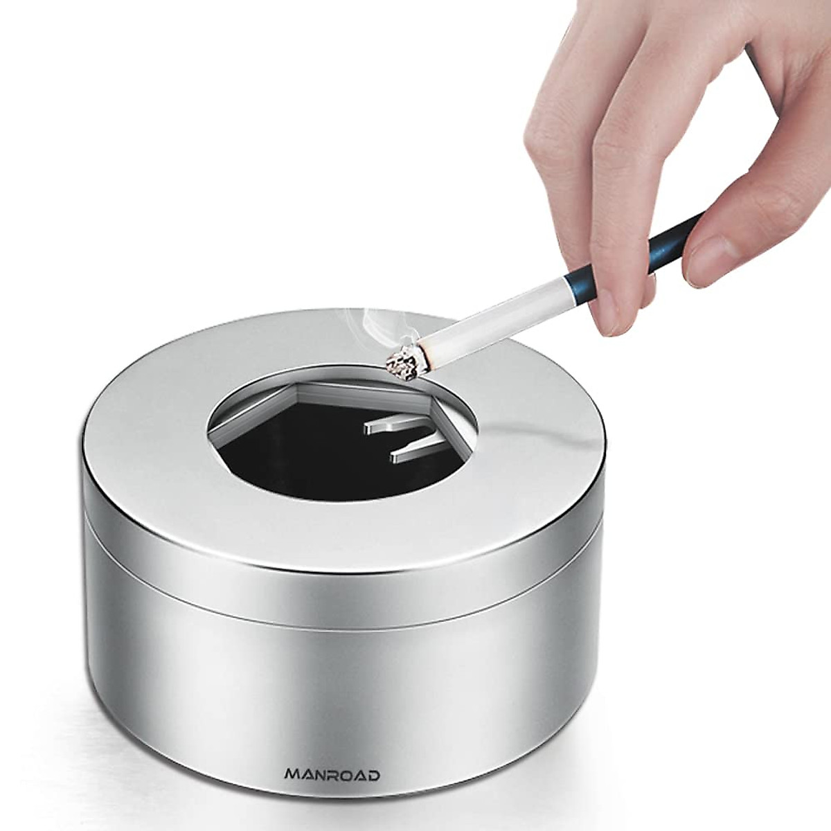 MANROAD Ashtray, Smokeless Ashtrays for Cigarettes Indoor Cigar Ashtrays 304 Stainless Steel Ash Tray Outdoor Car Ashtray with Lid Smell Proof Windproof Ashtray for Home Office Patio Decoration