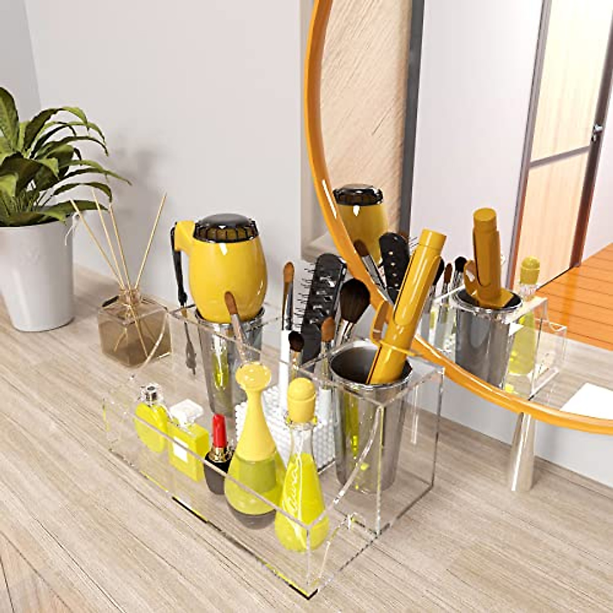 XQIGI Hair Tool Organizer, Acrylic Hair Dryer Styling Organizers,Clear Bathroom Blow Dryer Stand Holder with 2 Cups and Pearls, Countertop Storage for Toiletry Accessories Brushes(Clear)