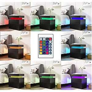 i-aplus Bedside Table with 2 Drawers, LED Nightstand Wooden Cabinet Unit with Lights for Bedroom, Living Room, Black