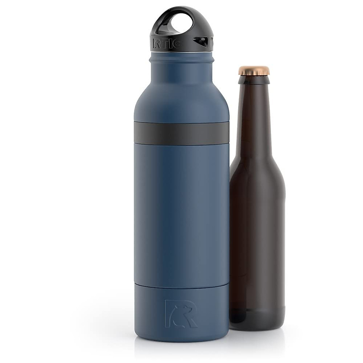 RTIC Bottle Chiller Water Bottle Insulated Cooler for 12oz Glass Soda Bottle or 16oz Aluminum Bottle, Double Wall Vacuum Insulation, Stainless Steel Sweat Proof with Built-In Bottle Opener, Navy