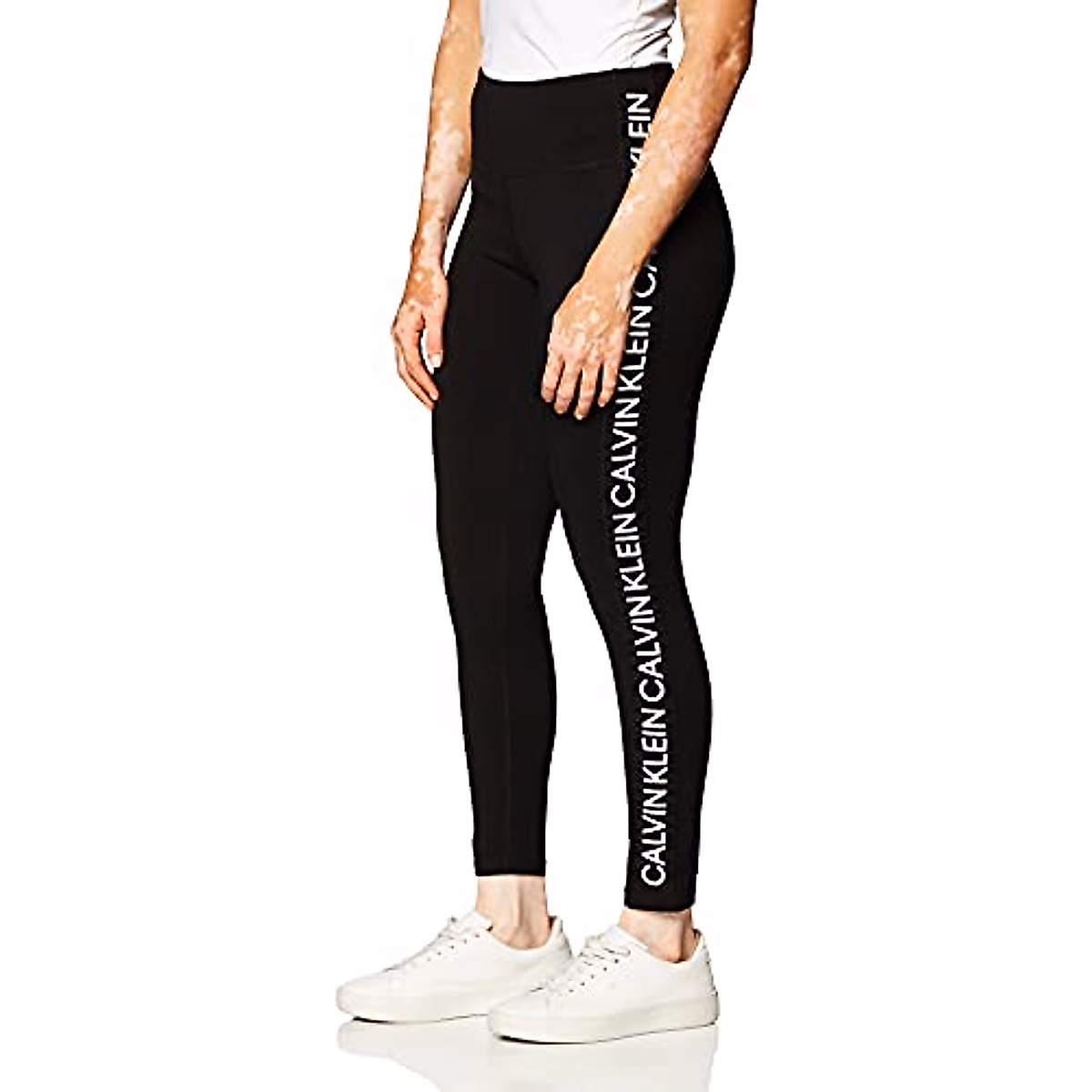 Calvin Klein Women's Premium Performance Double Waistband Moisture Wicking Legging (Standard and Plus), White, Large
