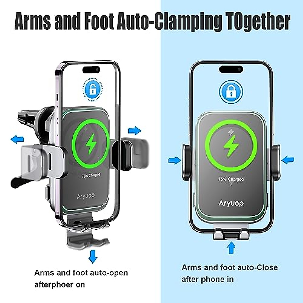 15W Fast Wireless Car Charger Mount Dual Coil - Auto Alignment Clamping Wireless Car Phone Charger, Dashboard Windshield Wireless Charging Car Holder for iPhone15/14/13/12/Pro Max/Samsung Galaxy