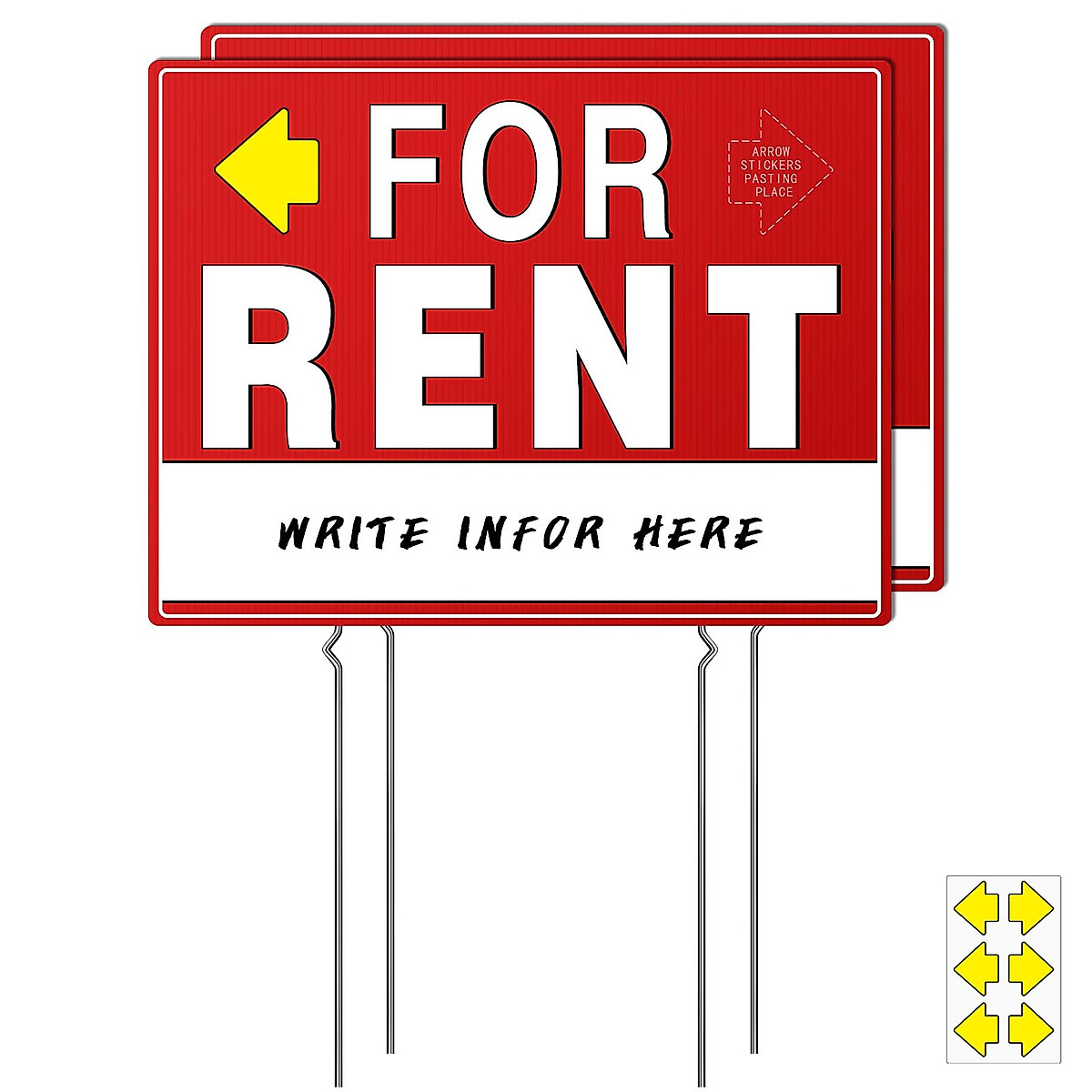 For Rent Sign with Tall Stakes, 17" x 13", For Rent Sign with Arrow Stickers, Double-Sided Yard Signs, For Rent Signs with Metal Stakes, WEATHER-PROOF, (2 Pack)