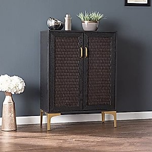 Modern Rustic Black Gold and Rattan Bar Cabinet Transitional Wood Finish
