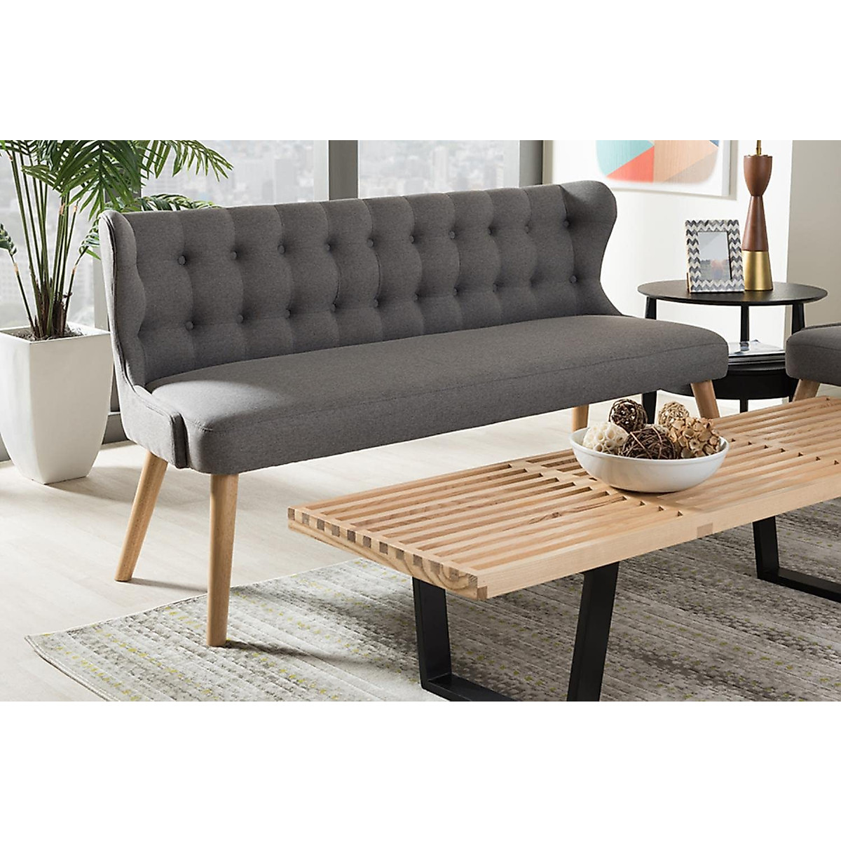 Baxton Studio Melody Mid-Century Modern Grey Fabric and Natural Wood Finishing 3-Seater Settee Bench