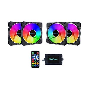 Apevia FB4-RGB Frostblade 120mm Silent RGB Color Changing LED Fan for Gaming with Remote Control, 16x LEDs & 8X Anti-Vibration Rubber Pads (4-pk)