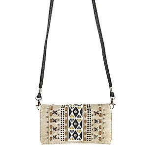 Justin West Checker Embroidery Suede Fringe Western Stud Conceal Carry Shoulder Handbag Purse | Trifold Wallet (Brown Handbag Only)