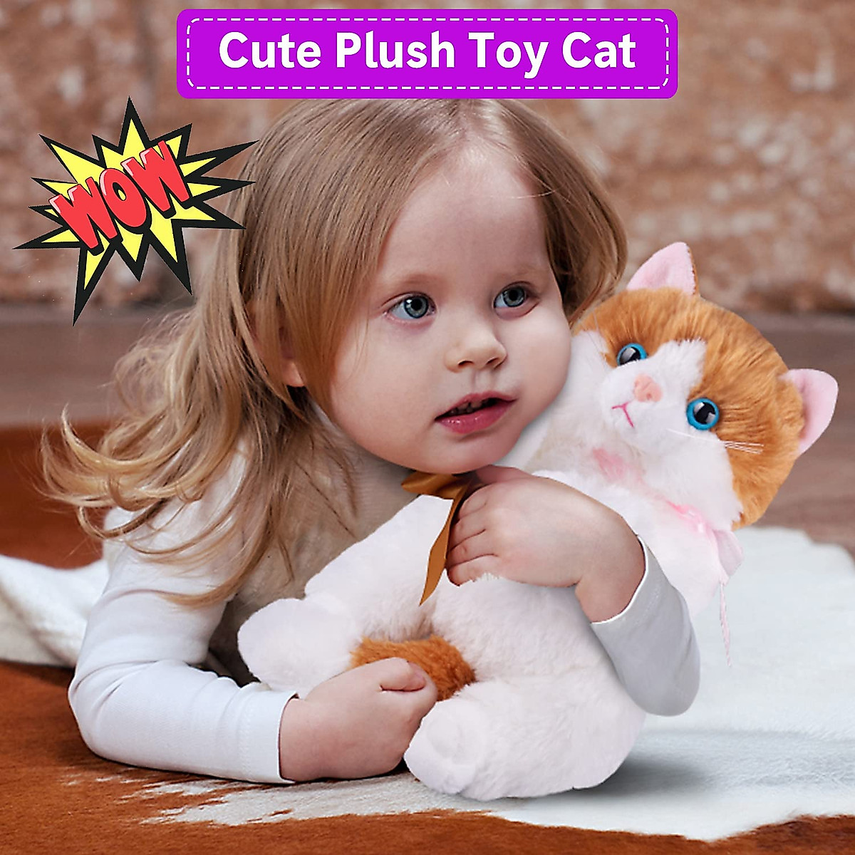 HCdoujoy Yellow Stuffed Animal Cat Plush Toy, Realistic Cuddly Kitten Pet Kitty Soft Small Cat, Birthday Christmas Children's Day Gift for Boy Girl Age 3+