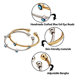 TEEPOLLO Evil Eye Bracelets Bangles-Turkey Lucky 14k Gold Silver Plated Evil Eye Bracelets-Blue Evil Eye Protection Bangles Bracelets Stacks for Women Girls (Set of 2)