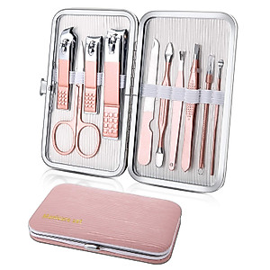 Manicure Set, Travel Mini Nail Clippers Kit Pedicure Care Tools, 10pcs Stainless Steel Grooming kit (Pink)