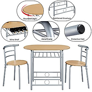 Yaheetech 3 Piece Round Dining Table Set Kitchen Breakfast Table Set for 2 Dining Table with 2 Chairs Space Saving Table Set w/Metal Frame, Wine Rack for Small Space/Dining Room/Apartment, Natural