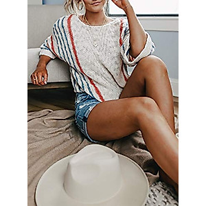 Dokotoo Womens Ladies Cute Casual Summer Fall 2023 Crewneck Color Block Striped Wide Bell 3/4 Sleeve Oversized Baggy Lightweight Comfy Cozy Cable Knit Beach Pullover Sweaters for Women Tops Shirts XL