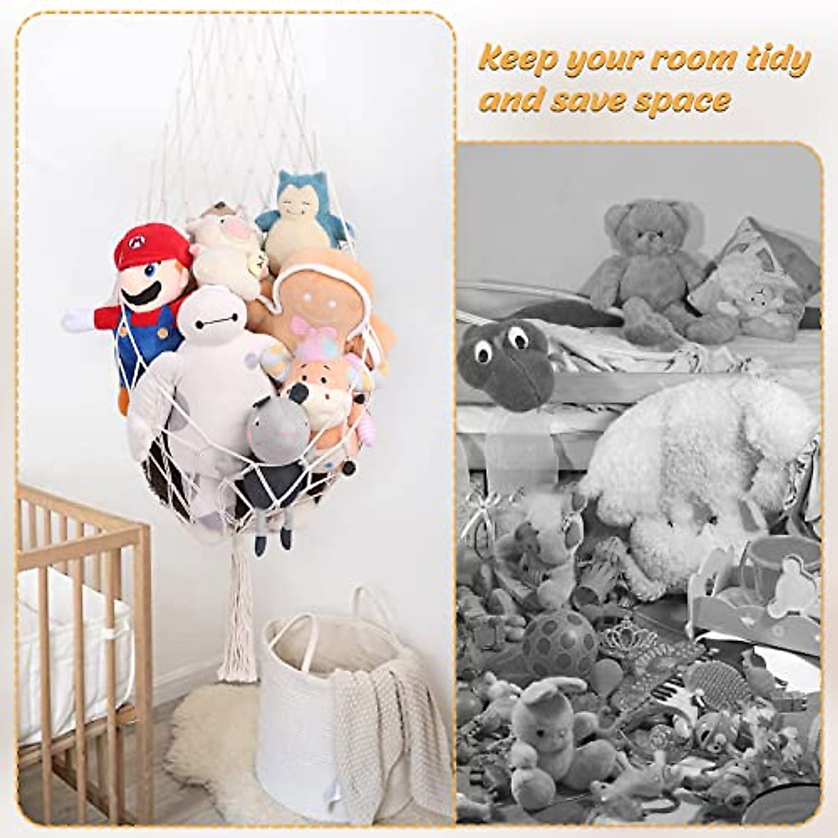 Svepndic 2 Packs Boho Stuffed Animal Net Hammock Macrame Hanging Toy Hammock Organizer Plush Toys Holder Stuffed Animal Holder Hanging Net for Bedroom