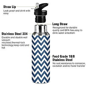 xigua Sports Water Bottle 20 Oz, Navy Blue White Chevron Pattern Leak-proof Stainless Steel Vacuum Flask with Straw Hat and Straw for Student Fitness Outdoor