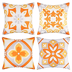cygnus Outdoor Waterproof Throw Pillow Covers 18x18 Inch Set of 4 Boho Decorative Floral Covers for Patio Furniture Porch (18 * 18inch/45 * 45cm, Orange and Teal)