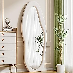 Dewfig Full Length Mirror, 63" x 24"Irregular Mirror, Large Floor Length Mirror Wall Mounted, Standing Mirror with Flannel Wrapped Wooden Frame for Bedroom/Living Room, White