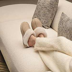 LazyStep Women's Madge Fuzzy Slippers with Comfort Memory Foam, Slip-on Warm Outdoor Indoor House Shoes(Parchment, Size 7-8)