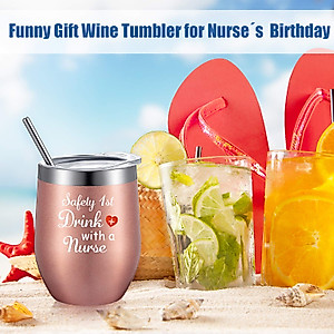 2 Pack Well-designed Nurse Coffee Mug for Women, Safety 1st Drink with a Nurse, Nurses Week Graduation Birthday for Nurse Coworker, 12 oz Nurse Wine Tumbler with Lid, Straw and Brush (Rose gold)