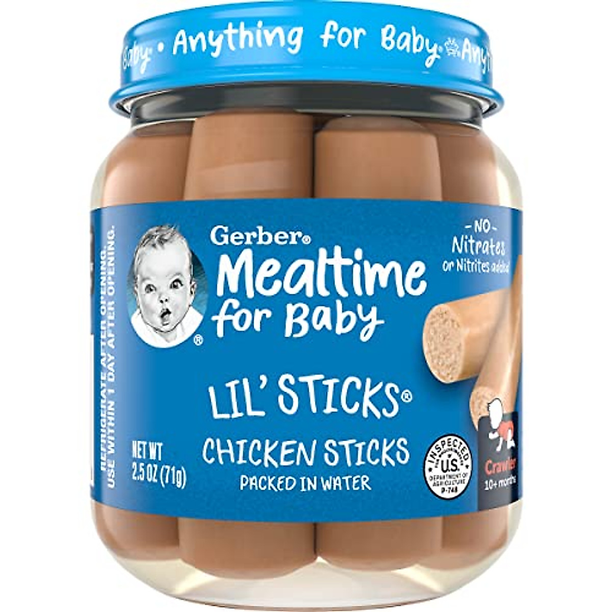 Gerber Mealtime for Baby Lil’ Sticks, Chicken Sticks, Packed in Water, No Nitrates or Nitrites Added, for Crawlers 10 Months & Up, 2.5-Ounce Jar (Pack of 10 Jars)