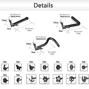 ZS 20G Black Nose Rings Nostril Studs for Women, 15Pcs Surgical Steel Nose Studs Ring L-Shaped, Halloween Bat Skull Corkscrew Nose Piercing Jewelry (L Shaped(Stud))