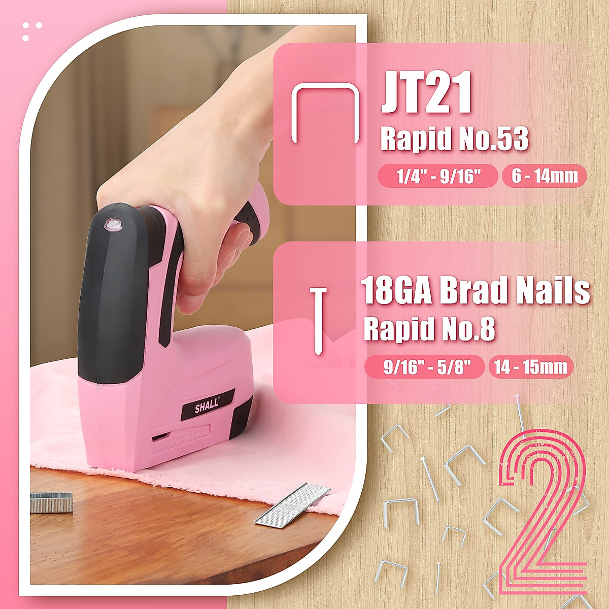 SHALL Pink Electric Staple Gun, 2 in 1 Cordless Upholstery Stapler Nail Gun for Wood, 4V Rechargeable Brad Nailer Kit w/ 2500 Staples Nails, Staple Remover & Fast Charger for Crafts, DIY, Decoration