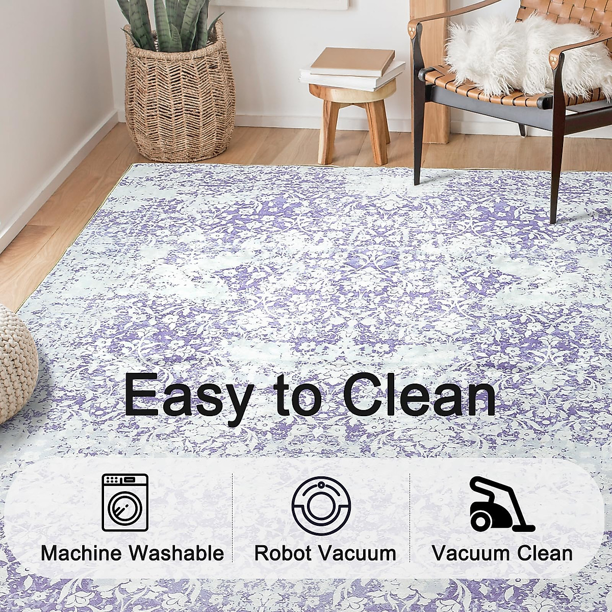 DUKINO Washable Area Rug 5x7, Boho Low-Pile Rugs for Living Room, Non Slip Rubber Backing Carpet, Soft Vintage Nursery Rug for Living Room, Bedroom, Dining Room, and Office - Purple