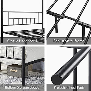 Yaheetech Metal Canopy Platform Bed Frame Four-Poster Canopied Bed Mattress Foundation with Headboard and Footboard Sturdy Slatted Structure No Box Spring Needed Easy Assembly Queen Black