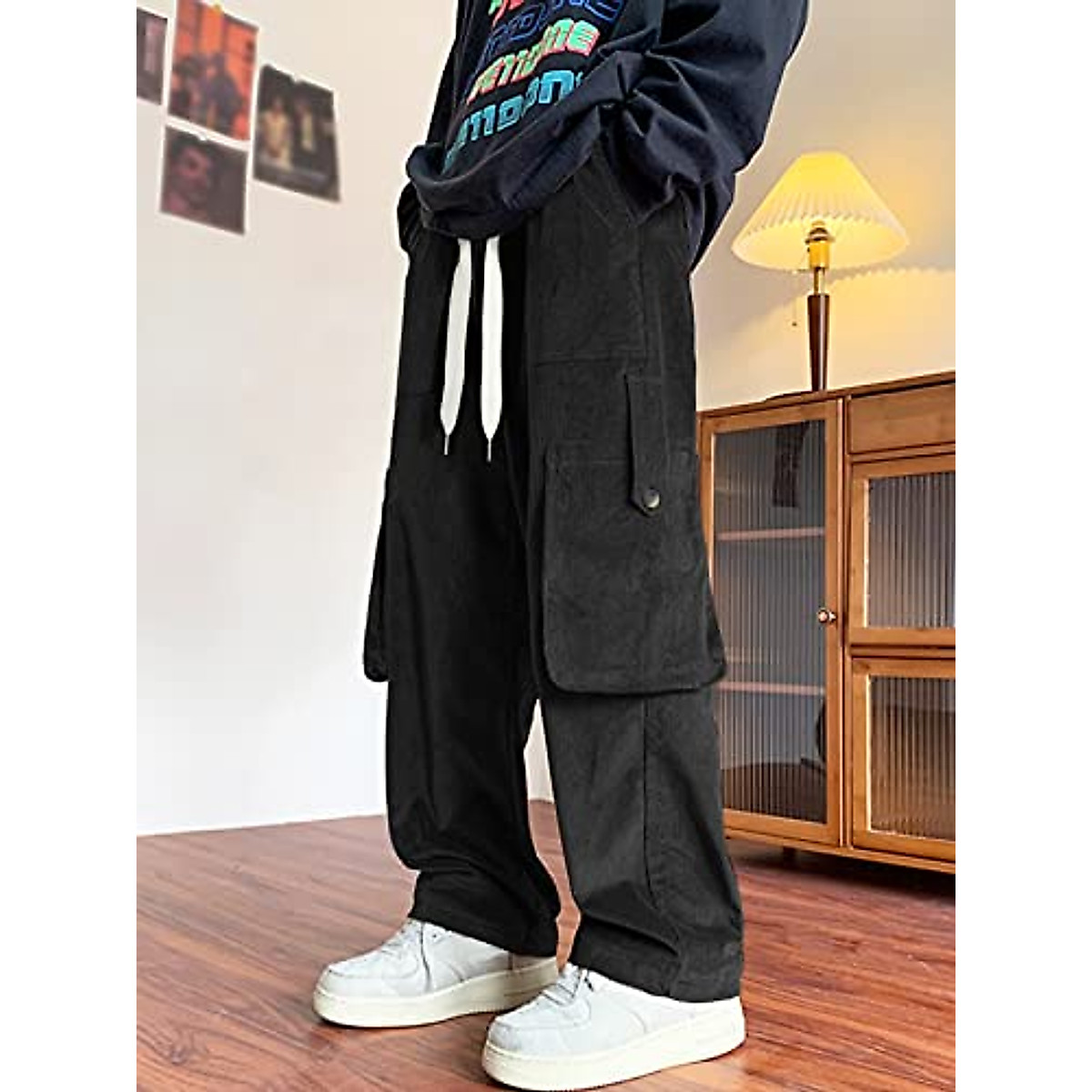 Floerns Men's Casual Corduroy Pants Drawstring Waist Straight Leg Cargo Pants Black M