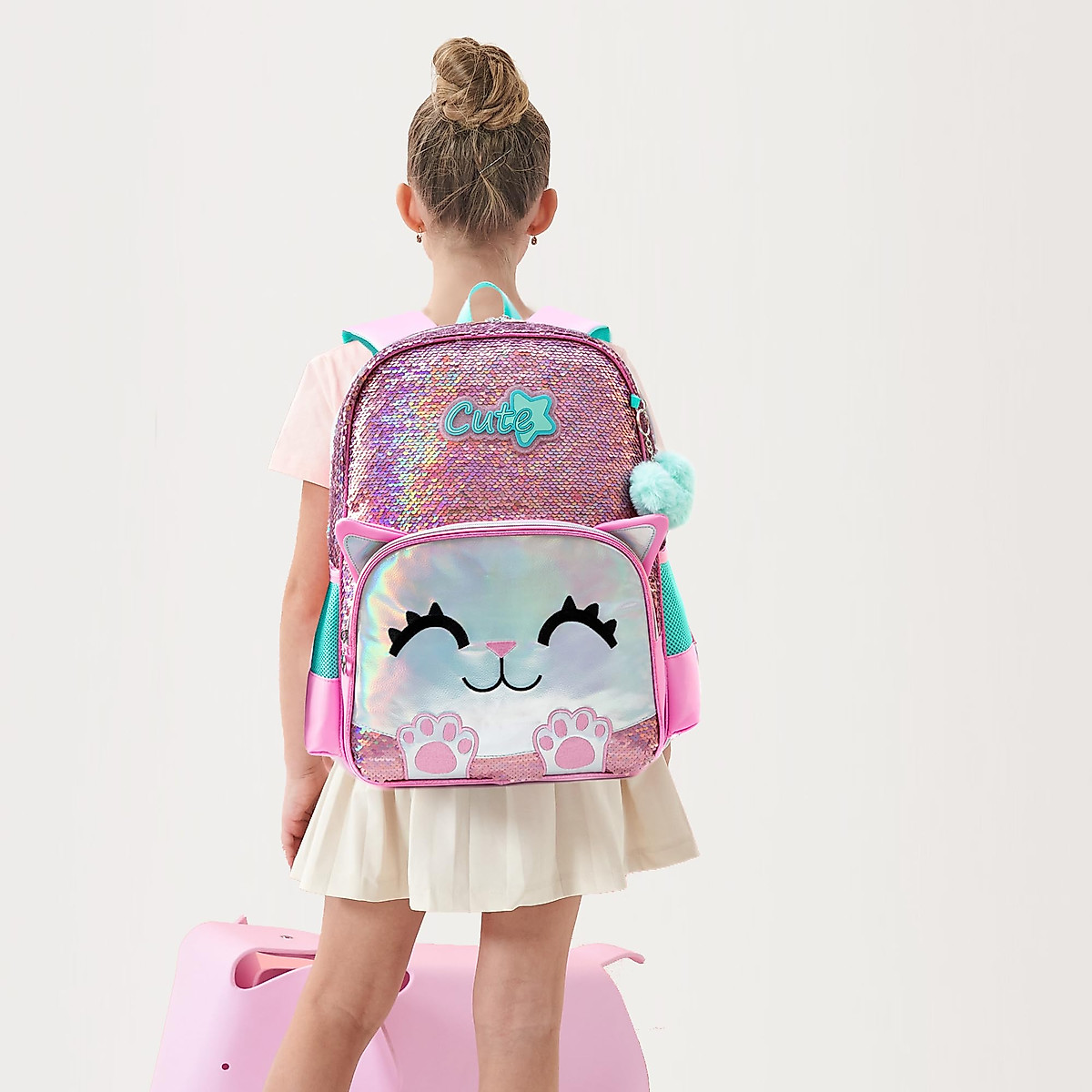 Backpack with Wheels for Girls Cute Rolling Pink Cat School Backpack Kids Sequin Roller Luggage Suitcase for Elementary Kindergarten Students with Lunch Box Pencil Case for Girls 5-12 Years Old