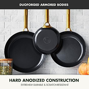 GreenPan Reserve Hard Anodized Healthy Ceramic Nonstick, 8" 10" and 12" 3 Piece Frying Pan Skillet Set, Gold Handle, PFAS-Free, Dishwasher Safe, Oven Safe, Black