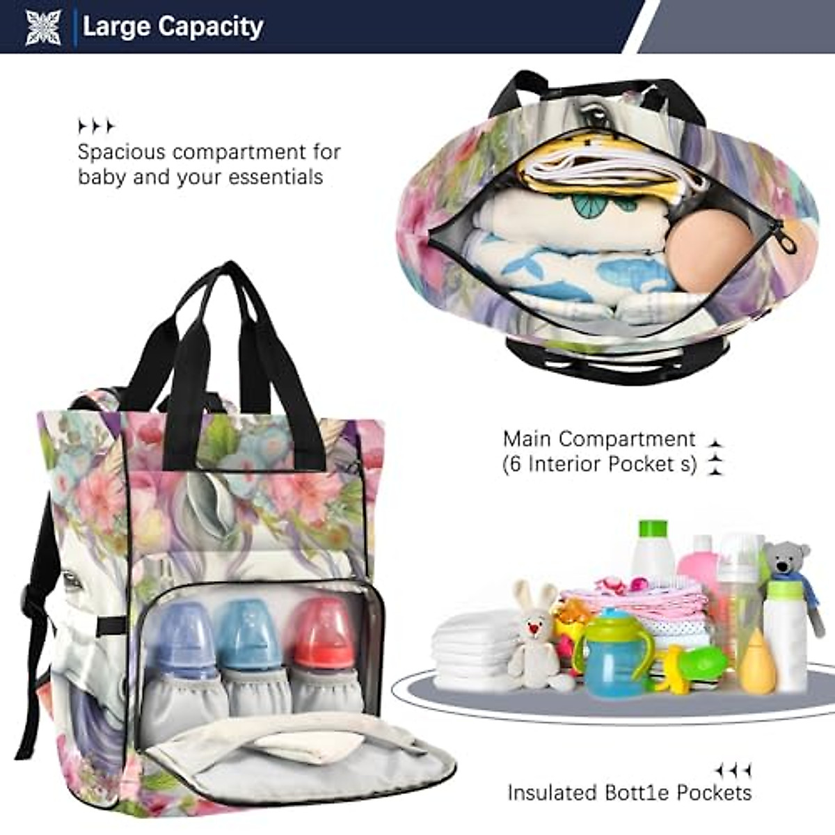 xigua Flower Unicorn Diaper Bag Backpack Multi Function Baby Changing Bags Waterproof Large Capacity Travel Back Pack for Mom Dad