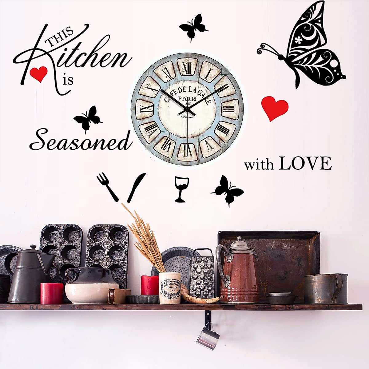 Kitchen Wall Decor Stickers Kitchen Quotes this Kitchen is Seasoned with Love Red Heart Butterfly Wall Sticker Removable Wall Decals Vase Wall Art Sticker for Dinning Room Kitchen Restaurants Home