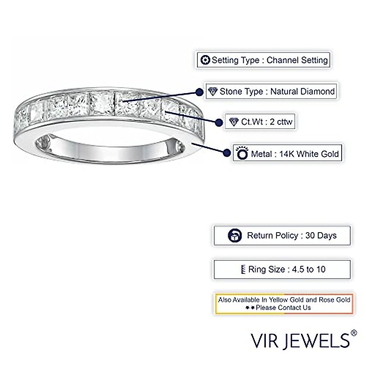 VIR JEWELS 2 cttw Diamond Wedding Band for Women, Princess Cut Diamond Wedding Band in 14K White Gold Channel Set, Size 7