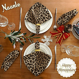 Naanle Animal Print Cloth Napkins Dinner Table Napkins Set of 6, Leopard Solid Washable Reusable Polyester Napkins with Hemmed Edges for Home Holiday Party Wedding Oversized 20 x 20 in