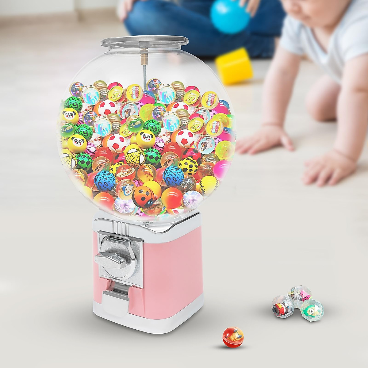 Coin Gumball Machine Toy Vending Machine,11 Inch Mini Vending Machine for Kids,Gumball Bank,Metal Candy Dispenser,Home Vending Machine,Vintage Gum Ball Machine(Pink)