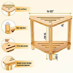 IBosins Corner Shower Stool Shower Foot Rest for Shaving Legs Small Shower Bench for Inside Shower to Sit on Bath Stool with Storage Shelf Shower Accesories (Bamboo Wood)